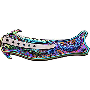 Dark Side Ballistics - Spring Assisted Folding Knife - Rainbow TiNite Coated Stainless Steel Blade and Handle, Dragon Theme, Pocket Clip, EDC, Fantasy, Collectible, DS-A019RB