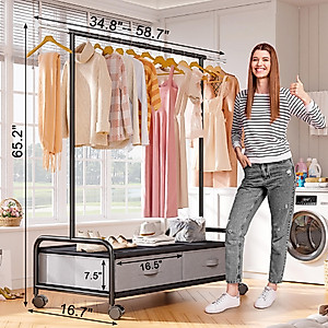 Raybee Clothes Rack, Heavy Duty Clothing Rack, Rolling Clothes Racks for Hanging Clothes, Portable Clothes Rack with Wheels, Garment Rack, 65.2" H x 58.7" W x 16.7" D, Black