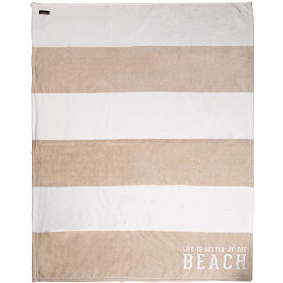 Pavilion Gift Company Life is Better at The Beach-Tan & White Super Soft 50 x 60 Inch Striped Throw Embroidered Text 50" x 60" Royal Plush Blanket, Beige