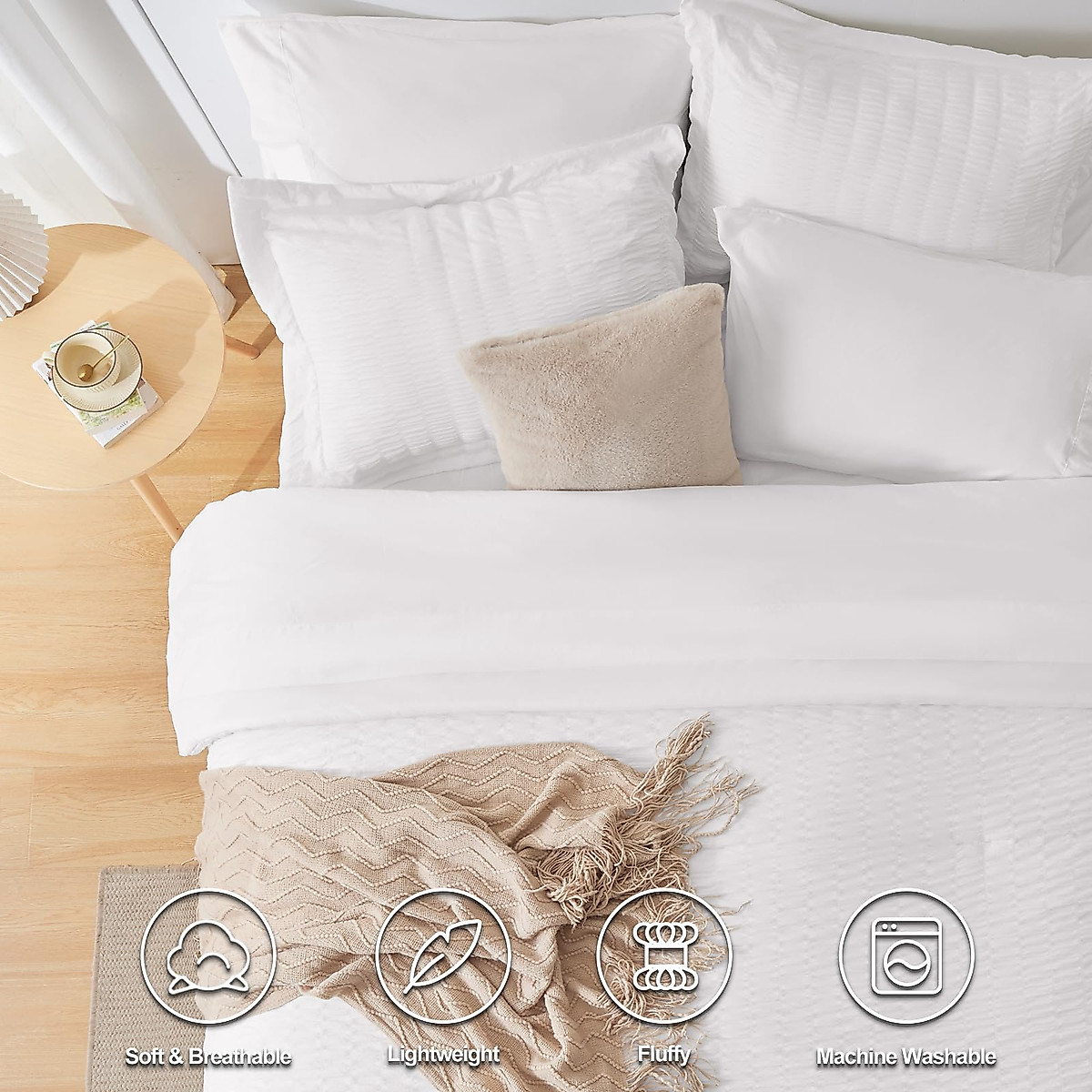 CozyLux Twin Bed in a Bag White Seersucker Textured Comforter Set with Sheets 5-Pieces for Girls and Boys - Bedding Sets with Comforter, Pillow Sham, Flat Sheet, Fitted Sheet, Pillowcase