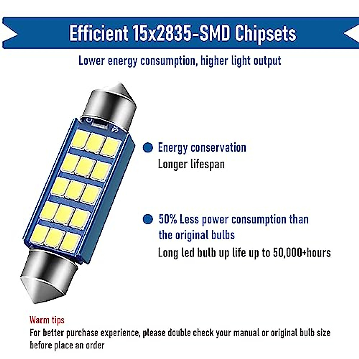 ZKFAR Pack-2 42mm LED Bulbs Extremely Bright, 3014 Chipsets 400LM for LED Interior Dome Map Door Lights Bulbs (White)