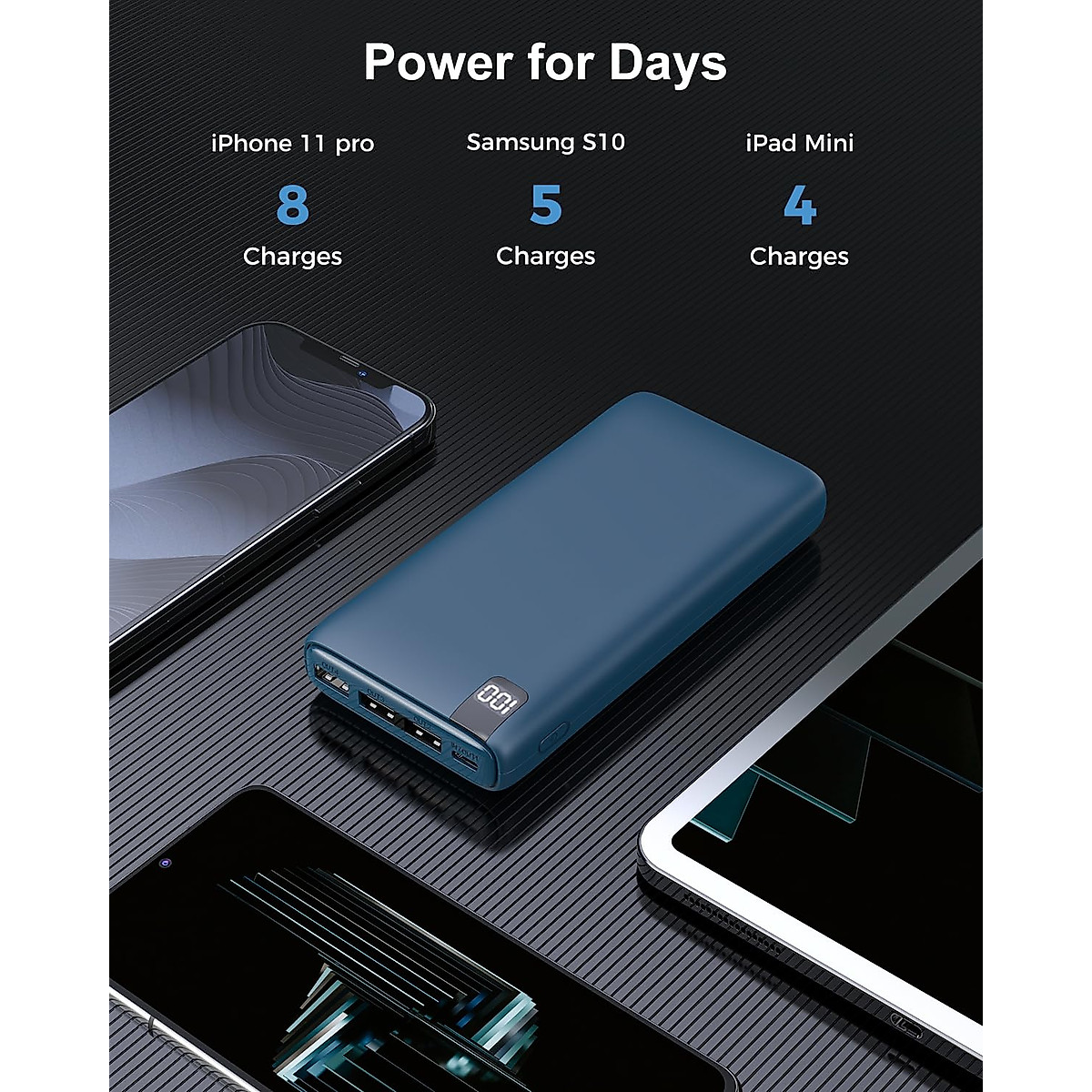 IXNINE Power Bank 26800mAh Portable Charger, High Capacity Phone Charger Compact External Battery Pack with LED Display and 4 Fast Charging Outputs for Cellphone Tablet Survival Gear (Blue)
