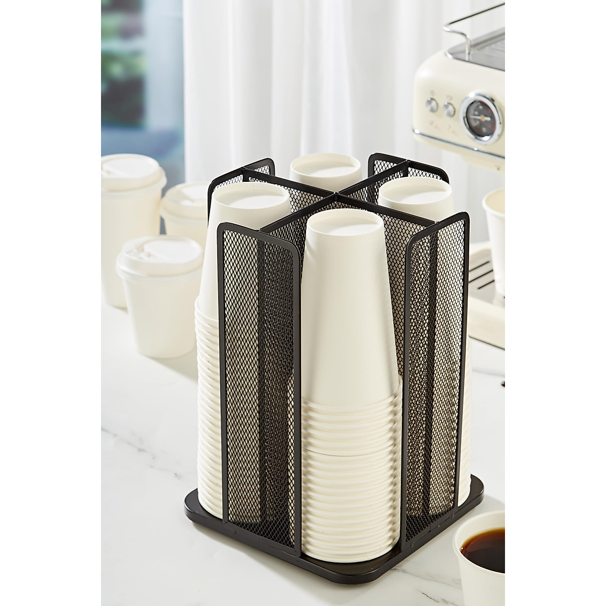 Annova Paper Cup and Lid Holder Plastic Cup Storage Organizer, 360°Rotating Coffee Cup Dispenser with 4 Compartments, Multifunctional Cup Storage Rack for Home, Office, Bar, Coffee Shop (Black)