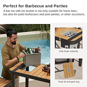 EAST OAK Signature 3-Piece Patio Furniture, Set, Outdoor Bar Set, Table and Chairs with Teak and Aluminum, Outdoor High Top Table and Chairs Set for Backyard and Pool, Dark Grey