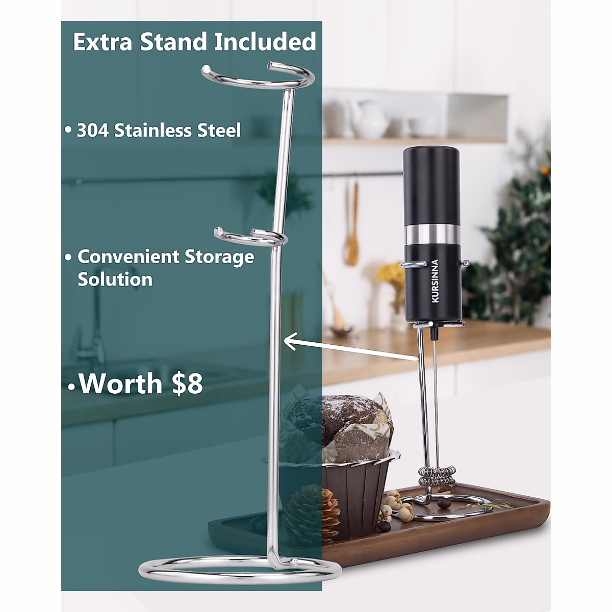 KURSINNA Powerful Milk Frother Handheld Battery Operated, Double Whisk Foam Frother Maker with Stainless Steel Stand, Drink Mixer For Coffee, Lattes, Matcha, Cappuccino (13000RPM Battery Operated)