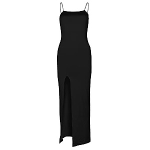 PRIMODA Women's Spaghetti Strap Backless Thigh-high Slit Bodycon Maxi Long Dress Club Party Dress(Black S)