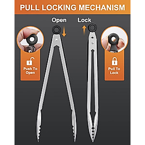 Bnlcd Cooking Tongs with Teeth, Premium Stainless Steel Kitchen Tongs Set of 2-9" and 12", Heavy Duty Locking Metal Food Tongs with Non-Slip Grip - Black