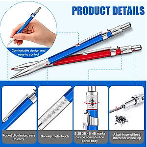 2 Pcs Welders Pencil with 48 PCS Round Refills Mechanical Pencils Metal Welding Marker for Tube Pipe Fitter Welder Steel Construction Woodworking (Red, Silver)