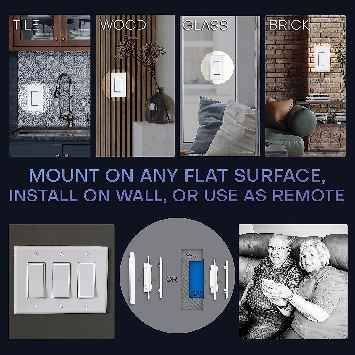 RunLessWire 3-Way Remote Light Switch Kit Wireless Battery-Free Self-Powered Kinetic DIY Wall Switch 150ft RF Range - 3 Way: 1 On/Off Receiver, 2 Switches - White