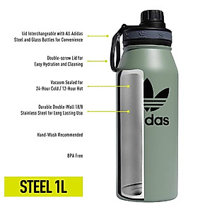adidas Originals 1 Liter (32 Oz) Metal Water Bottle, Hot/Cold Double-Walled Insulated 18/8 Stainless Steel, Silver Green/Black/Onix Grey, One Size