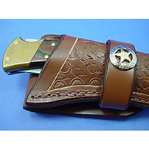 Custom Leather Sheath Made To Fit A Buck 110 or Similar Size Knife. Light Brown Western Style Sheath With Star Concho.