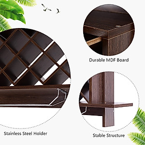 Giantex Wall Mounted Wine Rack Organizer W/Metal Glass Holder & Multifunctional Storage Shelf Modern Diamond-Shaped Wood Wine Server for 10 Bottles Wine Storage Display Rack (Black Walnut)