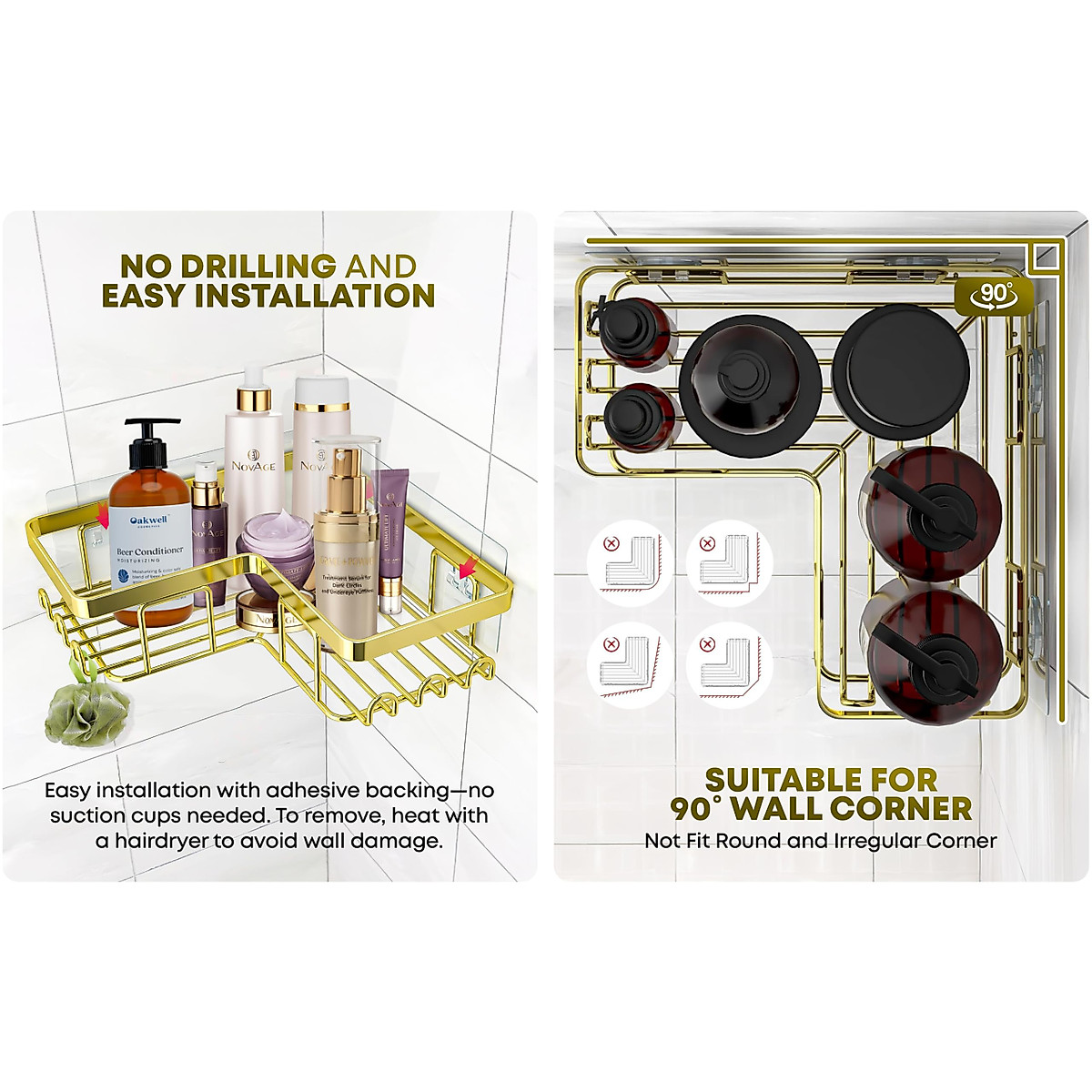 Cozymade Corner Shower Caddy, 5pcs Adhesive Shower Caddy with Soap Holder, No Drilling Wall Mounted Shower Shelves, Rustproof Stainless Steel Shower Organizer, Gold