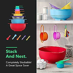 Vremi 13 Piece Mixing Bowl Set - Colorful Kitchen Bowls Colander Mesh Strainer with Handles Measuring Cups and Spoons - BPA Free Plastic Nesting Bowls with Easy Pour Spout for Baking Cooking and More