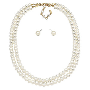 Rosemarie Collections Women's Double Strand Classic Cream Simulated Pearl Necklace and Earring Jewelry Set, 20" - 22.5" with 2.5" Extender