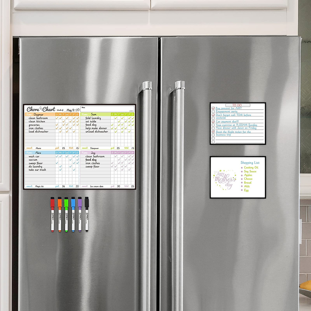 Magnetic Dry Erase Chore Chart Set for Fridge-Used for Multiple Kids-One Chore Chart and Two Bonus Dry Erase Pad/Grocery Boards-Behavior Chart for Multiple Kids-6 Extra Fine Tips Markers Included!