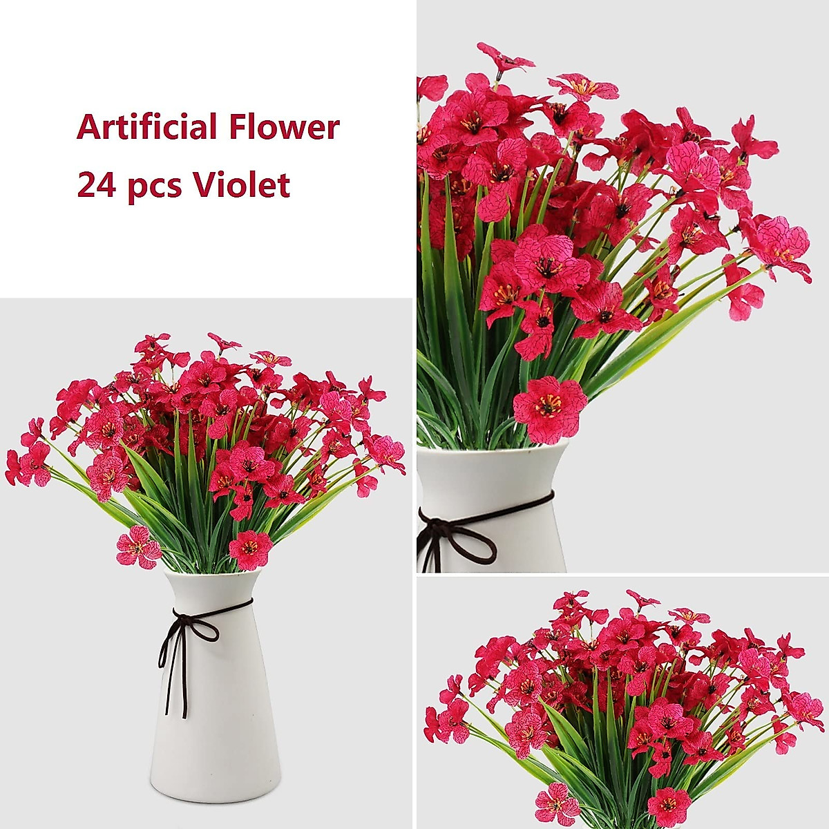 Artificial Outdoor Flowers Violet 24 Bundles UV Resistant Fake Plastic Faux Greenery Plants for Wedding Home Garden Porch Decoration (Fuschia)