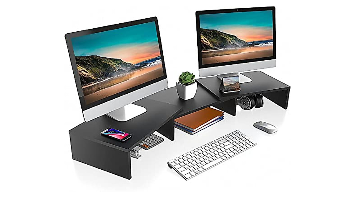 FITUEYES Dual Monitor Stand - Adjustable Wood Riser | 2 Monitors