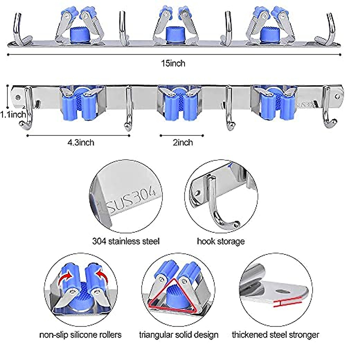 Broom and Mop Holder Wall Mounted, 3 Position 4 Hooks Garage Organization Holds up to 7 Tools, Stainless Steel Heavy Duty Broom Holder Organizer for Cleaning Supplies Organizer, Laundry Room Storage