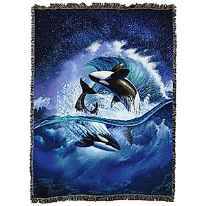 Pure Country Weavers JL Orca Wave Blanket by Jerry LoFaro - Ocean Whales Gift Tapestry Throw Woven from Cotton - Made in The USA (72x54)