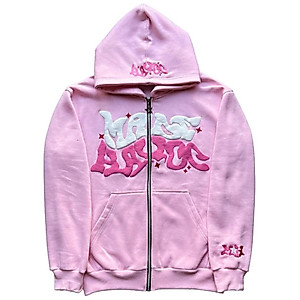 Amiblvowa Womens Men Star Designer Graphic Puff Print Hoodies Long Sleeve Zip Up Aesthetic Harajuku Jacket Sweater Y2k Streetwear Pink