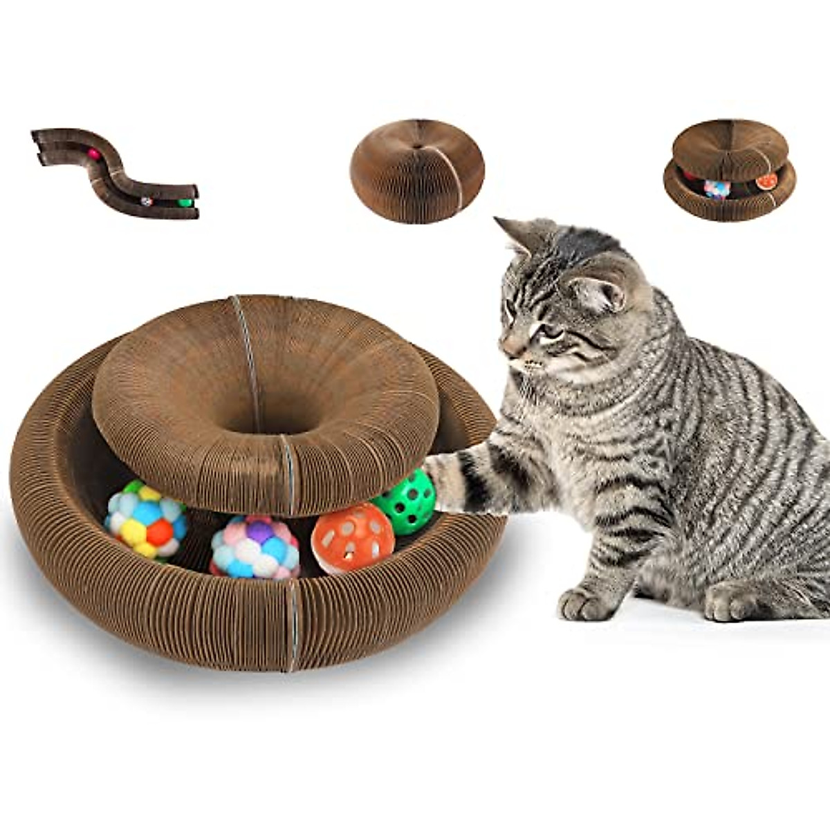 2pcs Magic Organ Cat Scratching Board with 4 Cat Ball Toys Foldable Cat Cordain Scratcher for Grinding Claw, Durable Interactive Cat Scratching Cardboard for Indoor Cats