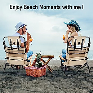 REALEAD Reclining Beach Chairs for Adults - Extendable High Back Low Profile Beach Chair with Headrest, Cooler Pouch, Cup Holder, 4-Position Lay Flat Folding Beach Chairs Heavy Duty Support 330LBS