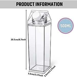 Milk Carton Water Bottle 17oz (500mL) Plastic Clear Square Milk Bottles No BPA Leakproof Water Bottle Portable Reusable Milk Carton Shaped Juice Bottle Perfect for Fitness Gym Camping Sports