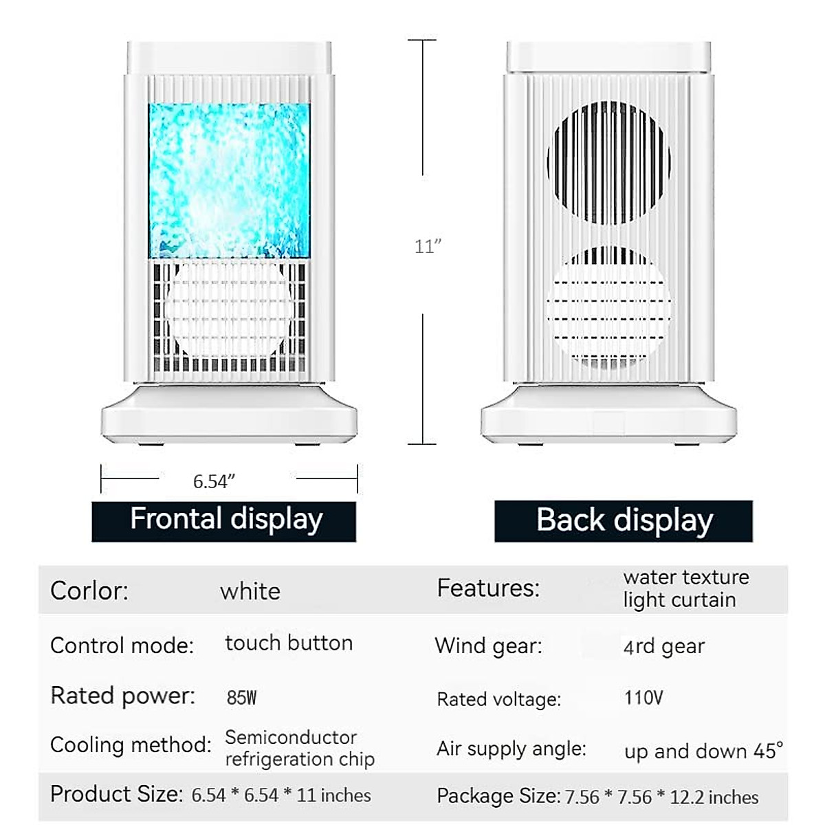 Portable Air Conditioner，Semiconductor Mini Air Conditioner 85W，With Water Stripe Aurora Night Light Personal Air Conditioner，Small AC Fan 4-Speed Silent for Desk，Home，Bedroom，Room，Office，Travel-White