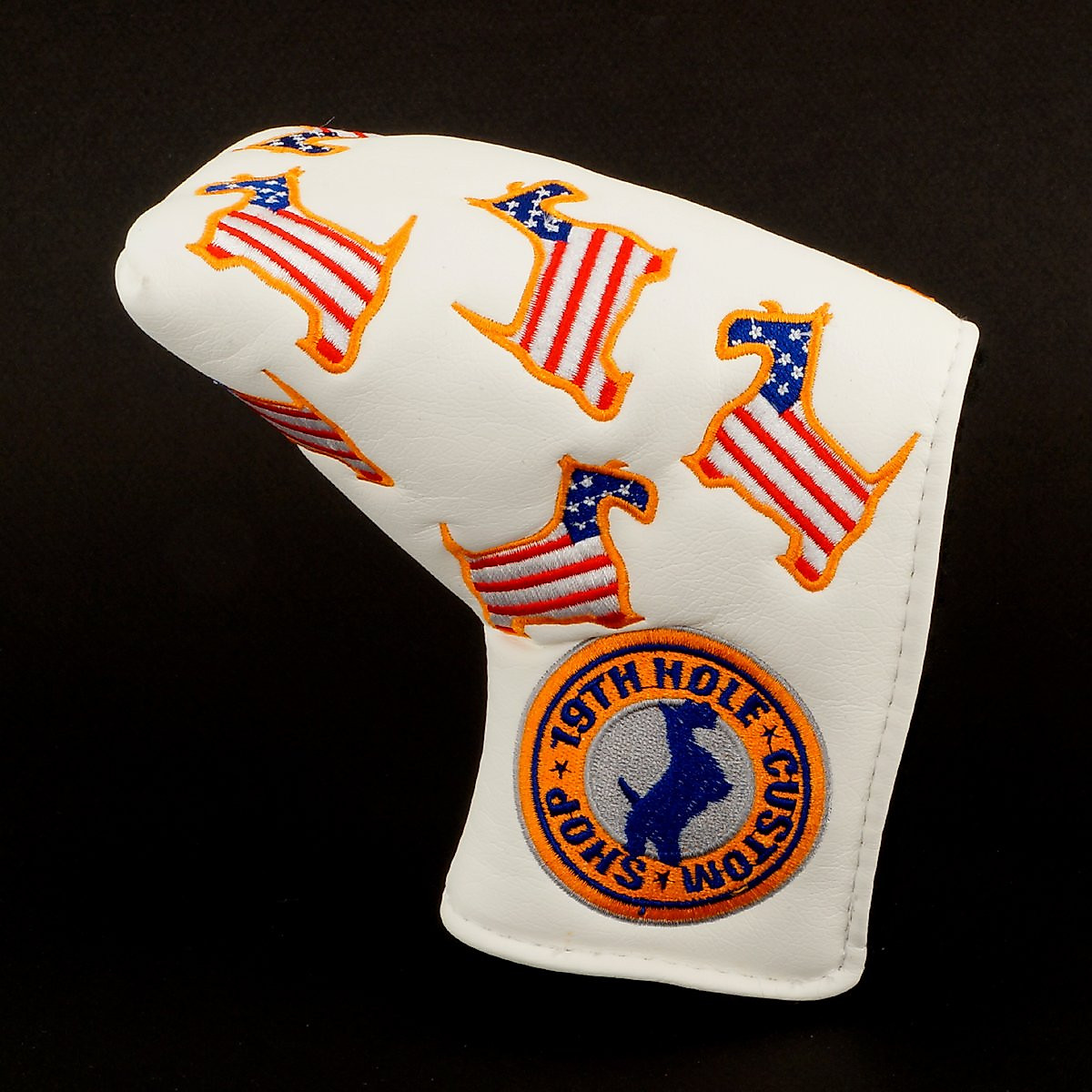 US Flag Dancing Scottie Dog Headcover for Blade and Midsize Mallet Putter, White, Golf Head Cover