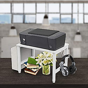 VEDECASA White Wooden Under Desk Printer Stand Holder with Storage Bin Headphone Hook for Home Office, Multi Purpose Organizer Modern Desktop Printer Shelf with Adjustable Anti-Skid Pads (White)