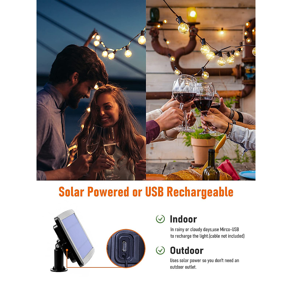 Solar String Light Outdoor Lijun 50FT S14 LED Patio Lights Waterproof Shatterproof 4 Light Mode Solar Powered with 17 Plastic Hanging E26 LED Bulbs for Porch, Pergola, Backyard, Garden, Party, Wedding