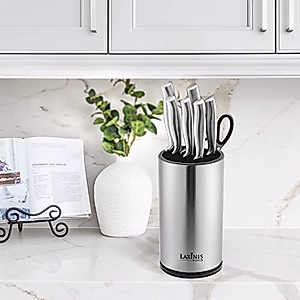 Laxinis World Universal Knife Block, Stainless Steel Round Knife Holder with Scissors-Slot, Counter-top Storage, Holds 12 8.5”-Blade Knives, 9” by 4.5” (knives not included)