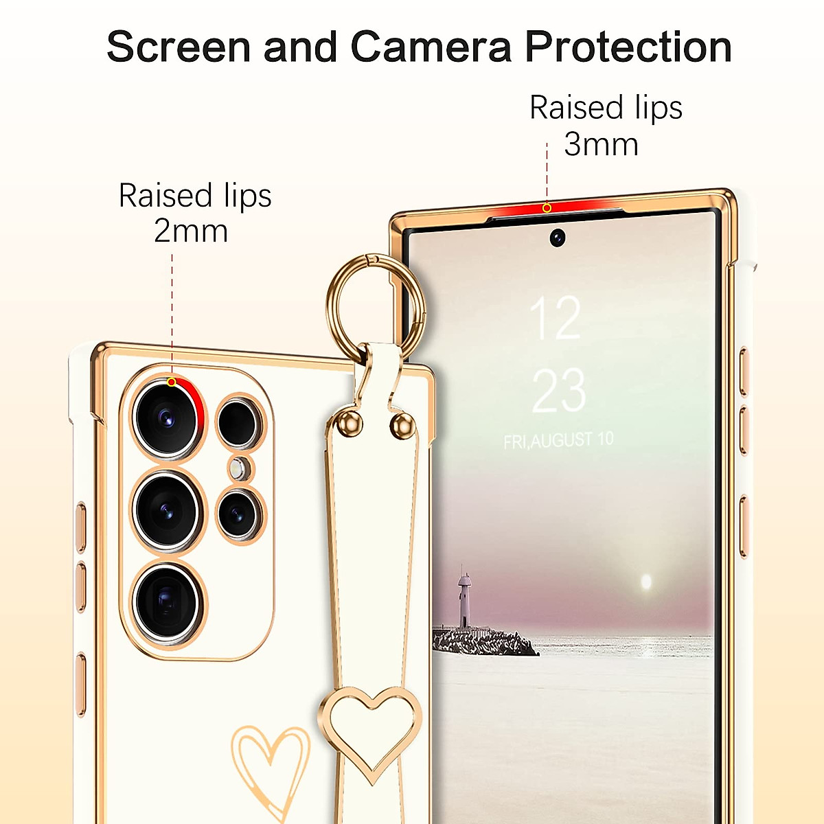 BENTOBEN for Galaxy S23 Ultra Case with Adjustable Wristband Kickstand Loop, Cute Heart Luxury Plating Bumper, Raised Corner Shockproof Women Girls Phone Cover for Samsung Galaxy S23 Ultra 6.8", White
