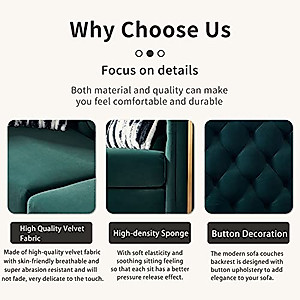 Akrenar Modern Sofa Couches for Living Room, 84 Inches Velvet Button Tufted Couch Upholstered Sofa with 2 Pillows and Metal Legs Decor Furniture for Bedroom, Office (Green)