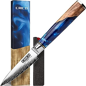 CRICO Paring Knife 3.5 inch Fruit Knife, Small Kitchen Knives, VG10 Damascus Super Steel 67-Layers, Full Tang Wood&Resin Handle, Gift Box - Flow Series