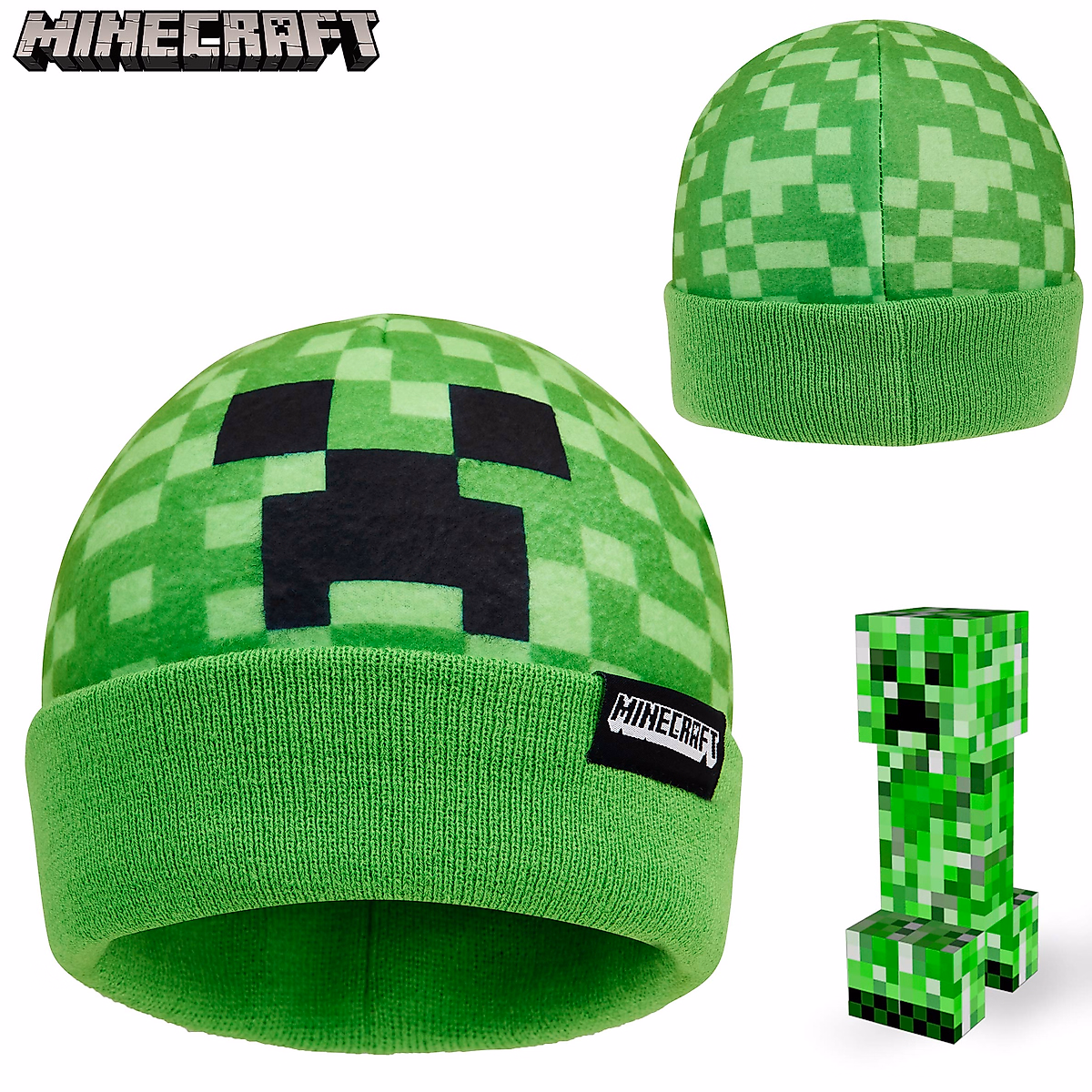 Minecraft Beanie Hat Fluffy Bucket Hat or Boys Hat and Glove Set for Kids Teens (Green Hat & Gloves, One Size)