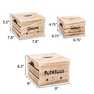 Frcctre 3 Pack Vegetable Storage Bins, Farmhouse Potato Onion Garlic Kitchen Storage Canisters Set, Wooden Stackable Vegetable Keeper with Lid and Aerating Holes for for Pantry Organization