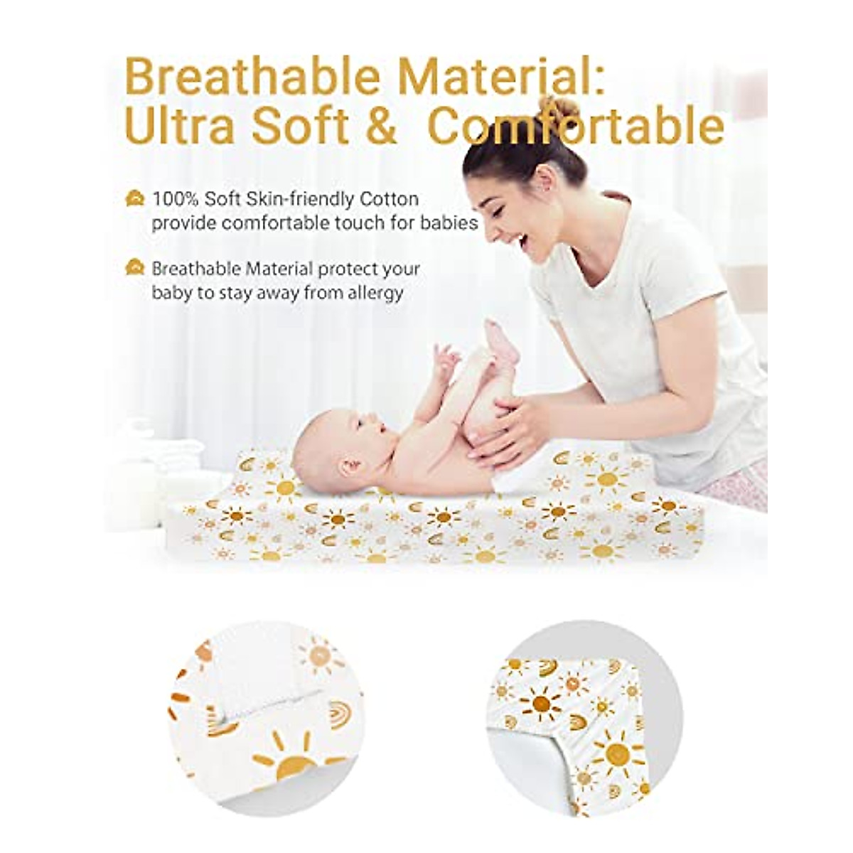 Changing Pad Cover - Babebay Ultra Soft Jersey Knit Cotton Diaper Change Table Pad Covers for Baby Girls and Boys -Stylish Rainbow & Sun Pattern, 2 Pack