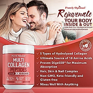 Purely Optimal Premium Multi Collagen Powder - 5 Types of Hydrolyzed Collagen Peptides with Biotin, Hair Skin and Nails Vitamins, Bone & Joint Support - Keto-Friendly, Unflavored (16 oz)