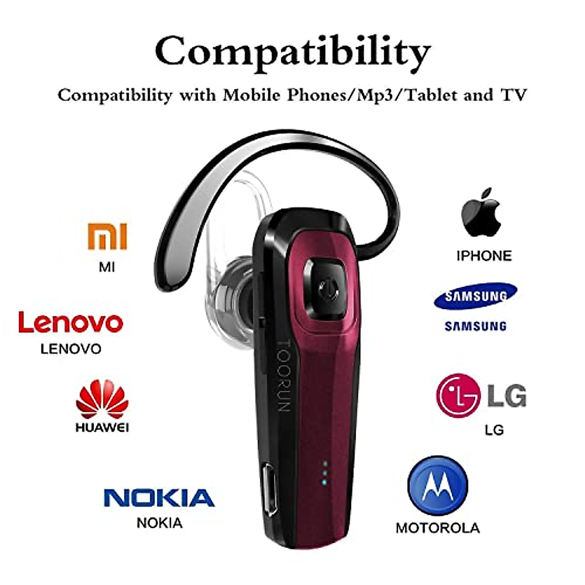 TOORUN Bluetooth Earpiece, M26 Bluetooth Headset Handsfree Wireless Headphone with Noise Cancelling and Microphone Compatible for Android iPhone Cell Phone Laptop - Red