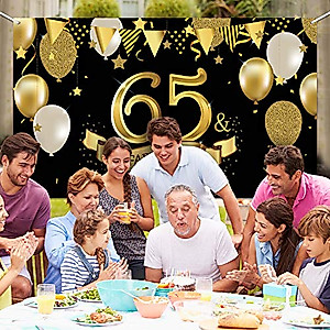 65th Birthday Black Gold Party Decoration, Large Fabric Black Gold Sign Poster for 65th Anniversary Backdrop Banner, 65th Birthday Party Supply Photo Booth Backdrop Background Banner 72.8 x 43.3 Inch