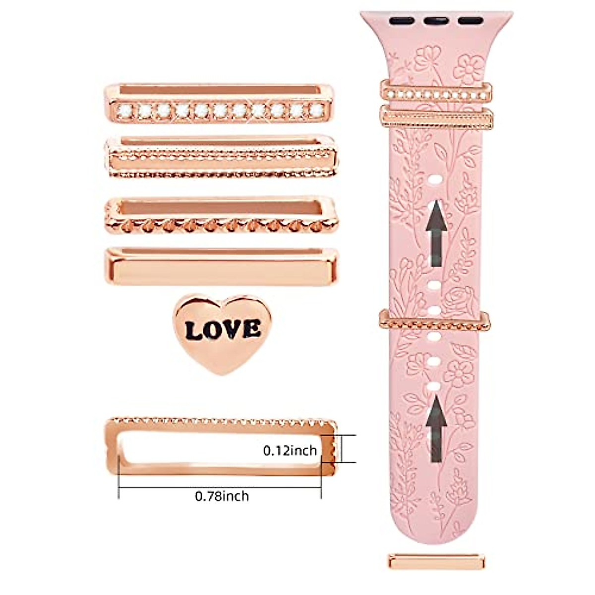 OULRAEFS Apple Watch Band with Charms (iWatch Bands Included) Compatible with Apple Watch Bands 38mm 40mm 41mm Series 8 7 SE 6 5 4 3 2 1 Floral Engraved Silicone Bands with Decorative Ring Loops Accessories, Pink