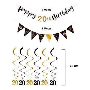 BRT Bearingshui 20th Birthday Decoration Kit for Men Women, Happy 20th Birthday Banner Bunting Swirls Streamers, Triangle Flag Banner for Birthday Party Decorations Supplies Black and Gold 20th