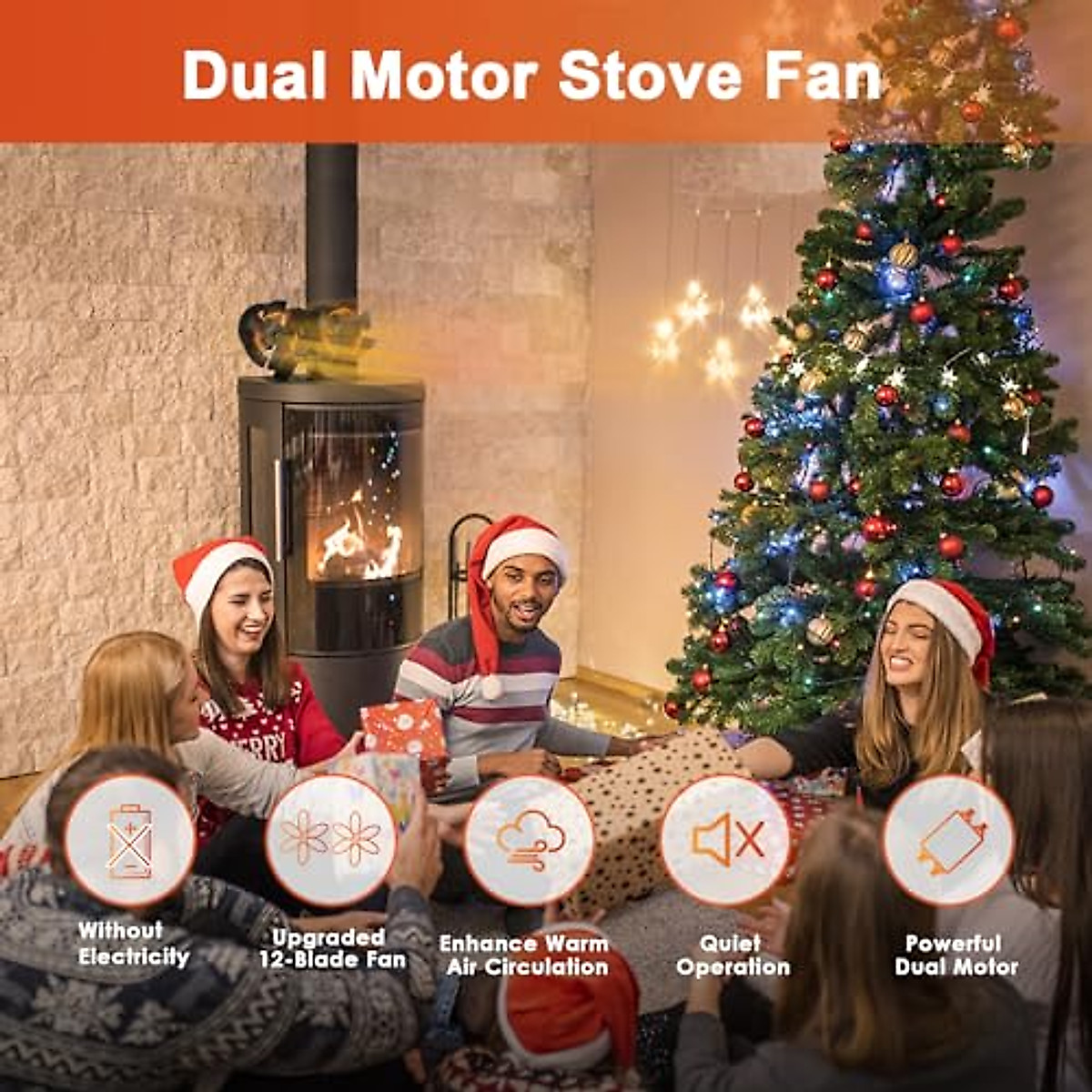 JossaColar Dual Motor Wood Burning Stove Fan - Non Electric Thermal Fan with Wood Stove Thermometer and Accessories