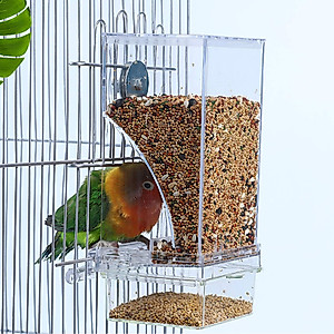 Hamiledyi No Mess Bird Cage Feeder Automatic Parrot Seed Feeders with Perch Acrylic Transparent Seed Food Container Cage Accessories for Small and Medium Parakeets Lovebirds