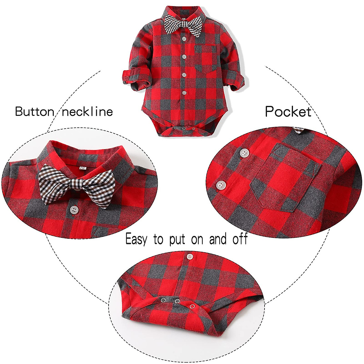 Kimocat Baby Boys Gentleman Outfits Suits Long Sleeve Shirt Suspenders Pants Bow Tie Clothes Set (Red plaid, 18-24 Months)