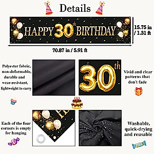 Kimini-Ki Happy 30th Birthday Banner, Lager 30th Birthday Banner Backdrops, Dirty 30 Banner, 30th Years Old Decor, 30th Birthday Party Decorations for Men or Women - Black and Gold (30th)