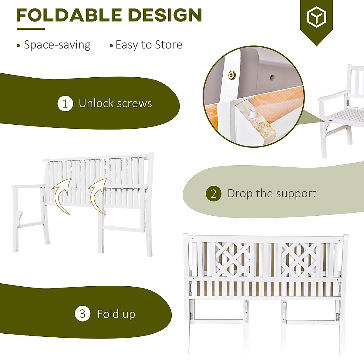 Outsunny 4FT Wooden Outdoor Garden Bench for 2, Portable Folding Loveseat 2-Seater Chair with Backrest, Armrests and Slat Seat, White