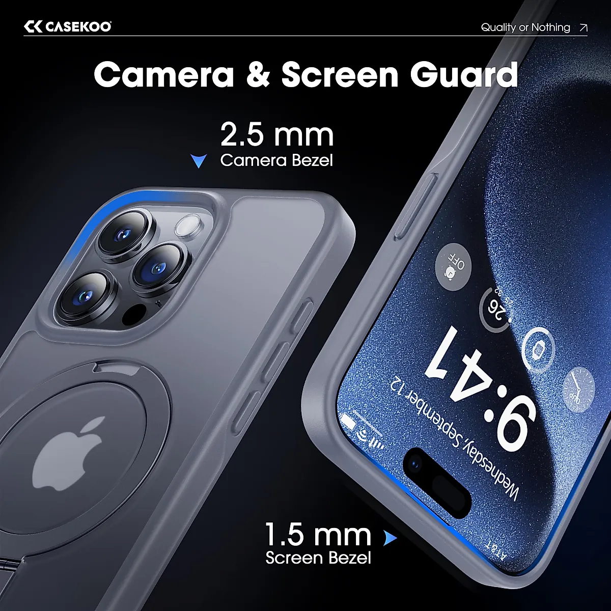 CASEKOO Genuine Official Magnetic Ring Stand for iPhone 15 Pro Max Case [Military Drop Protection] [Compatible with MagSafe] Matte Translucent Slim iPhone 15 ProMax Case 6.7'' 2023, Grey